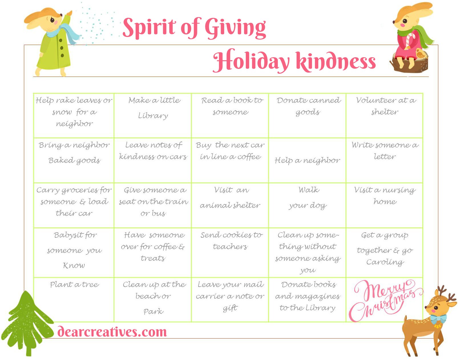 Holiday Spirit - Random Acts of Kindness Calendar - DearCreatives.com