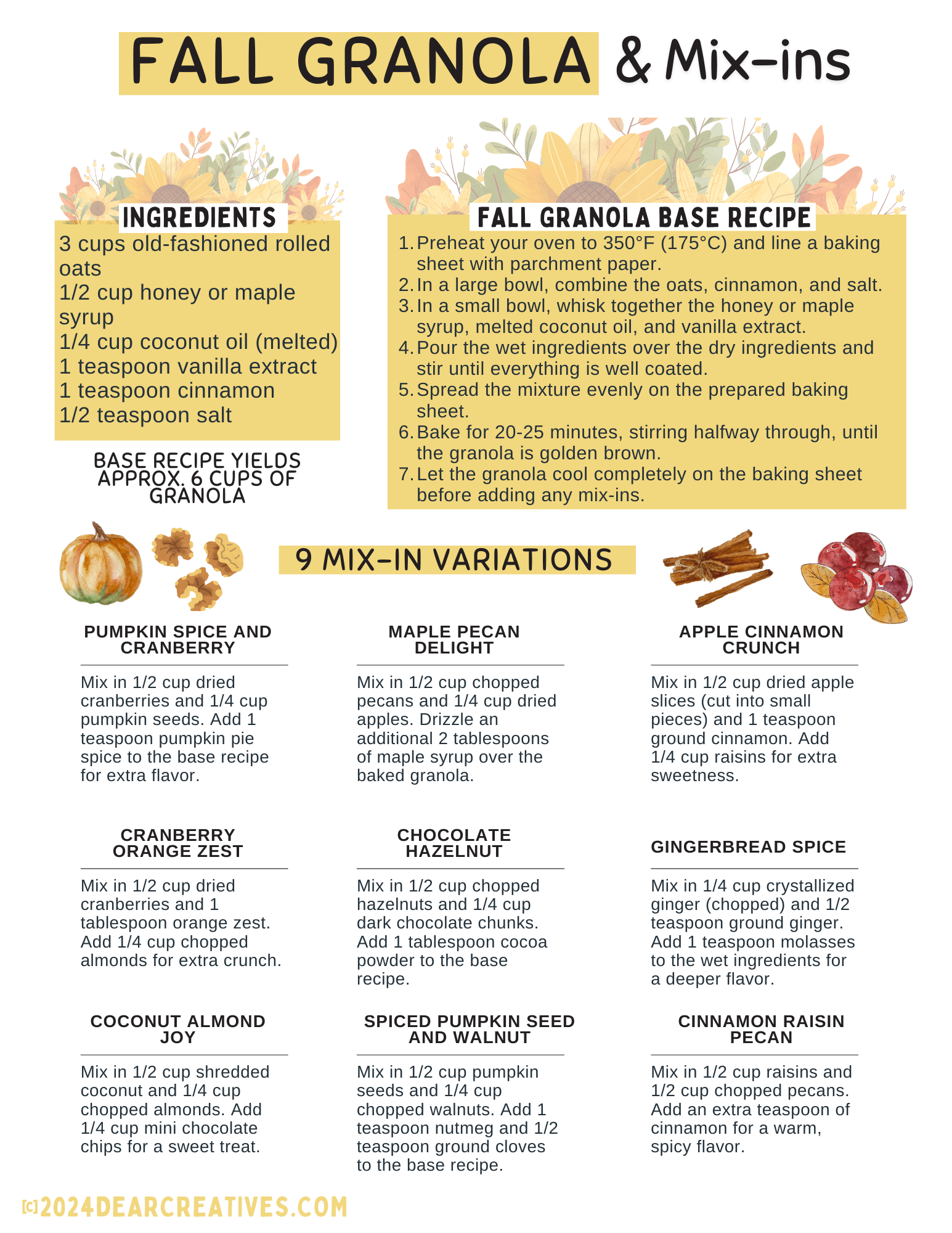 Granola Recipe Printable + Fall Granola Recipes Printables Dear Creatives