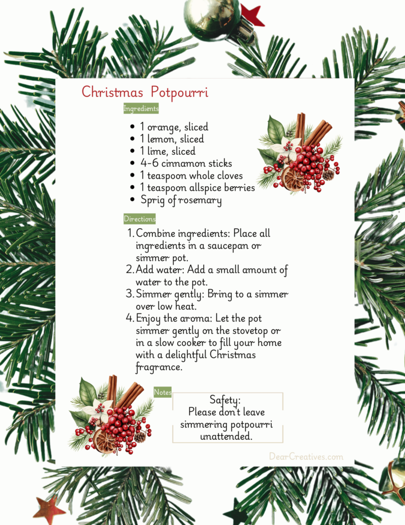 Printable Christmas Potpourri Recipe: DIY Simmer Pot Dear Creatives